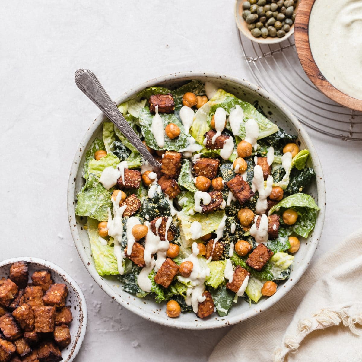 Vegan Caesar Salad With Crispy Marinated Tempeh Crunchy Chickpeas